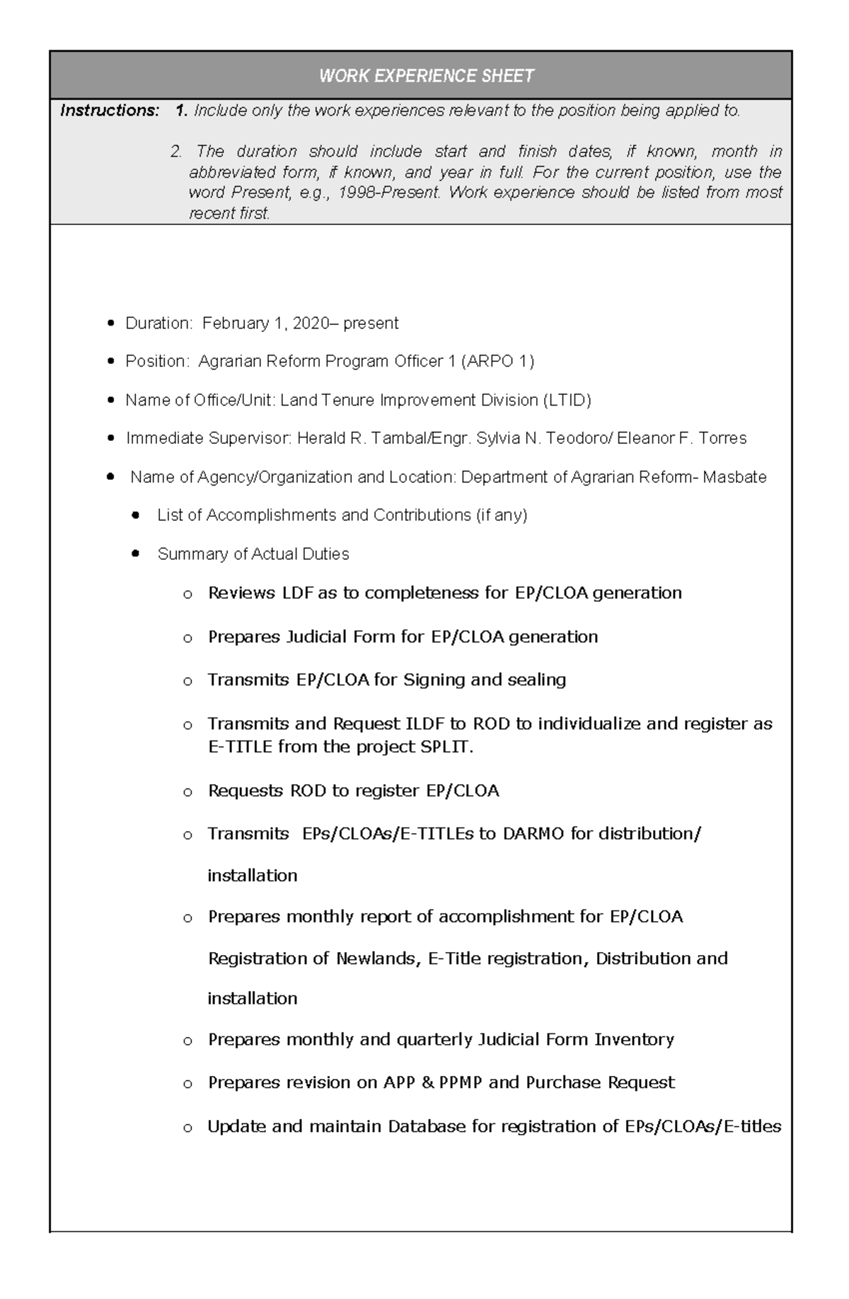 WORK Experience Sheet - WORK EXPERIENCE SHEET Instructions: 1. Include ...