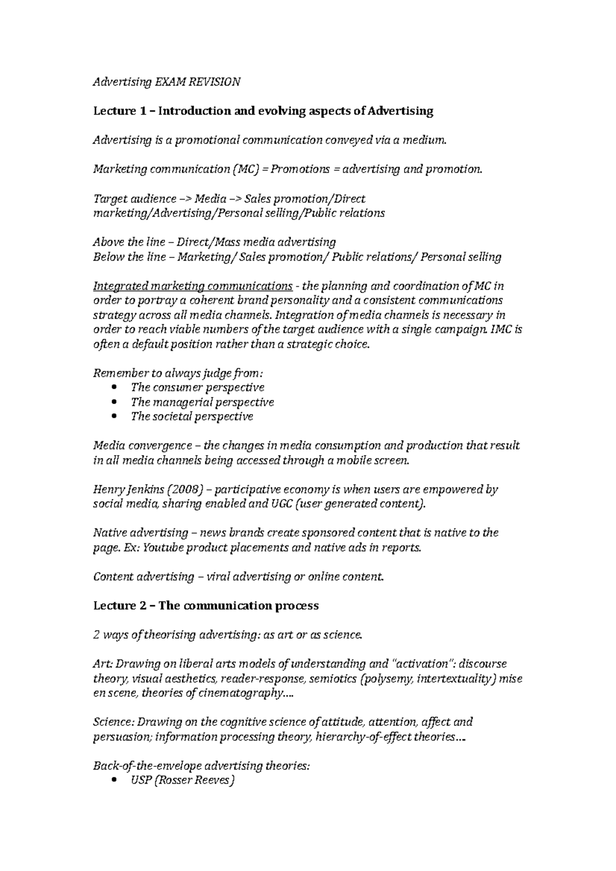Advertising EXAM Revision (1) - Advertising EXAM REVISION Lecture 1 ...