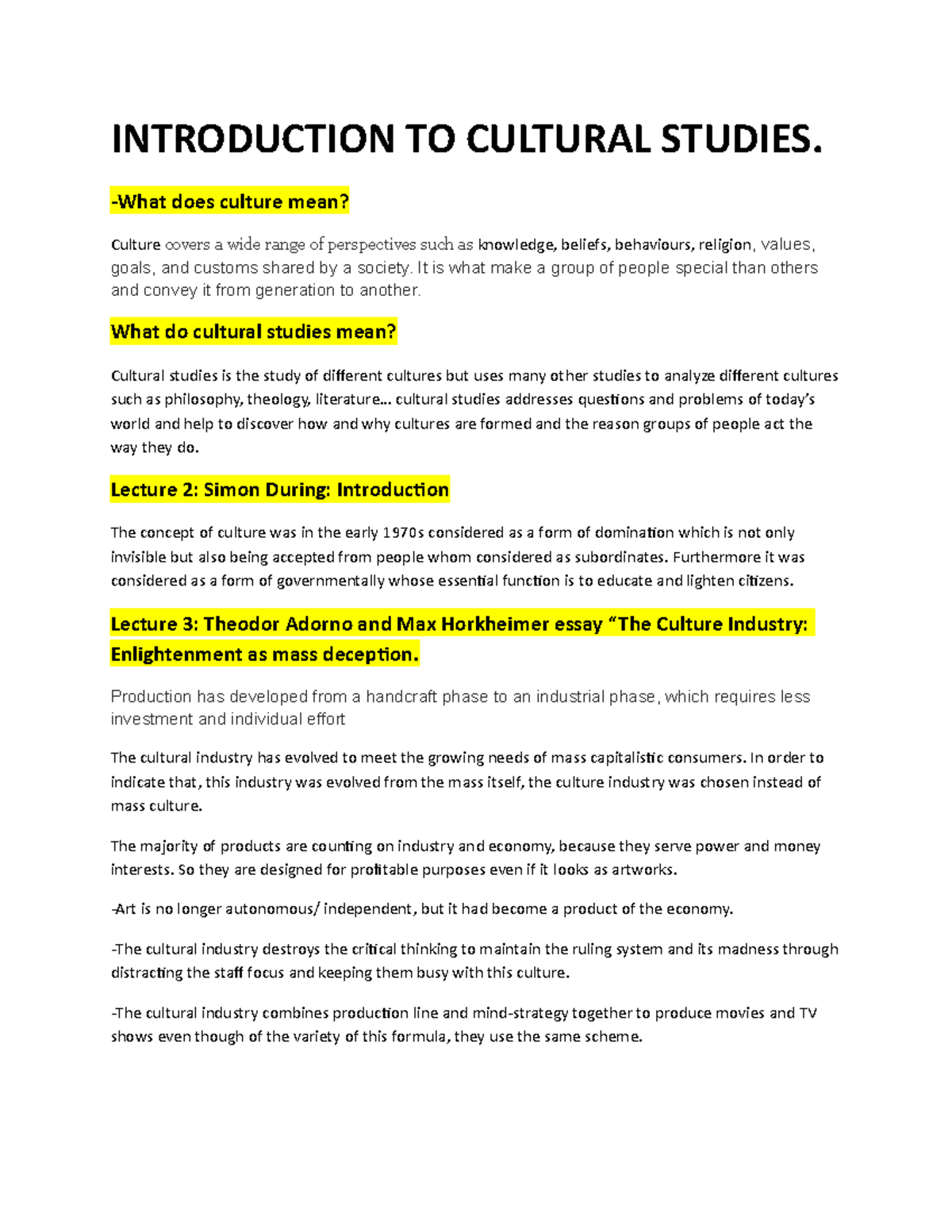 Introduction to Cultural Studies. - INTRODUCTION TO CULTURAL STUDIES ...