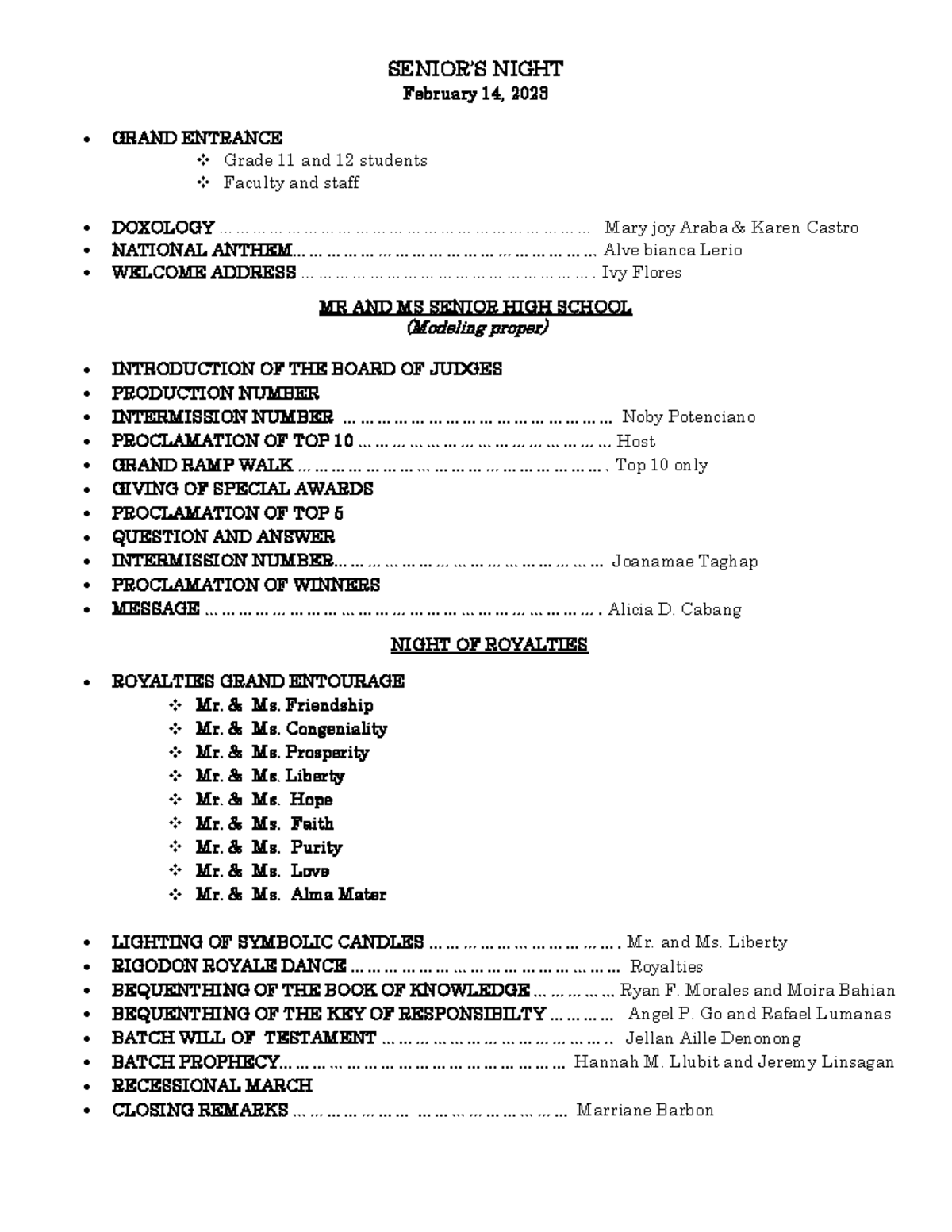 Senior night program - SENIOR’S NIGHT February 14, 2023 GRAND ENTRANCE ...