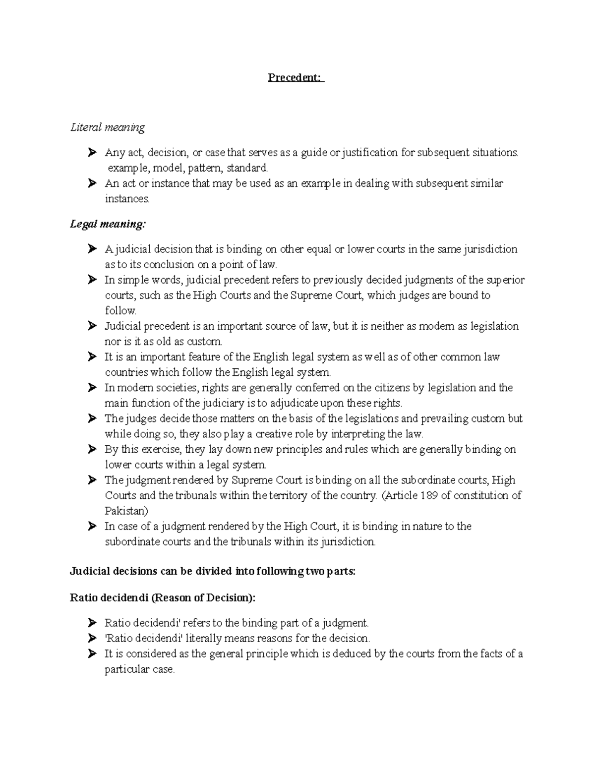 14 - Exam notes for LLB - Precedent: Literal meaning Any act, decision ...