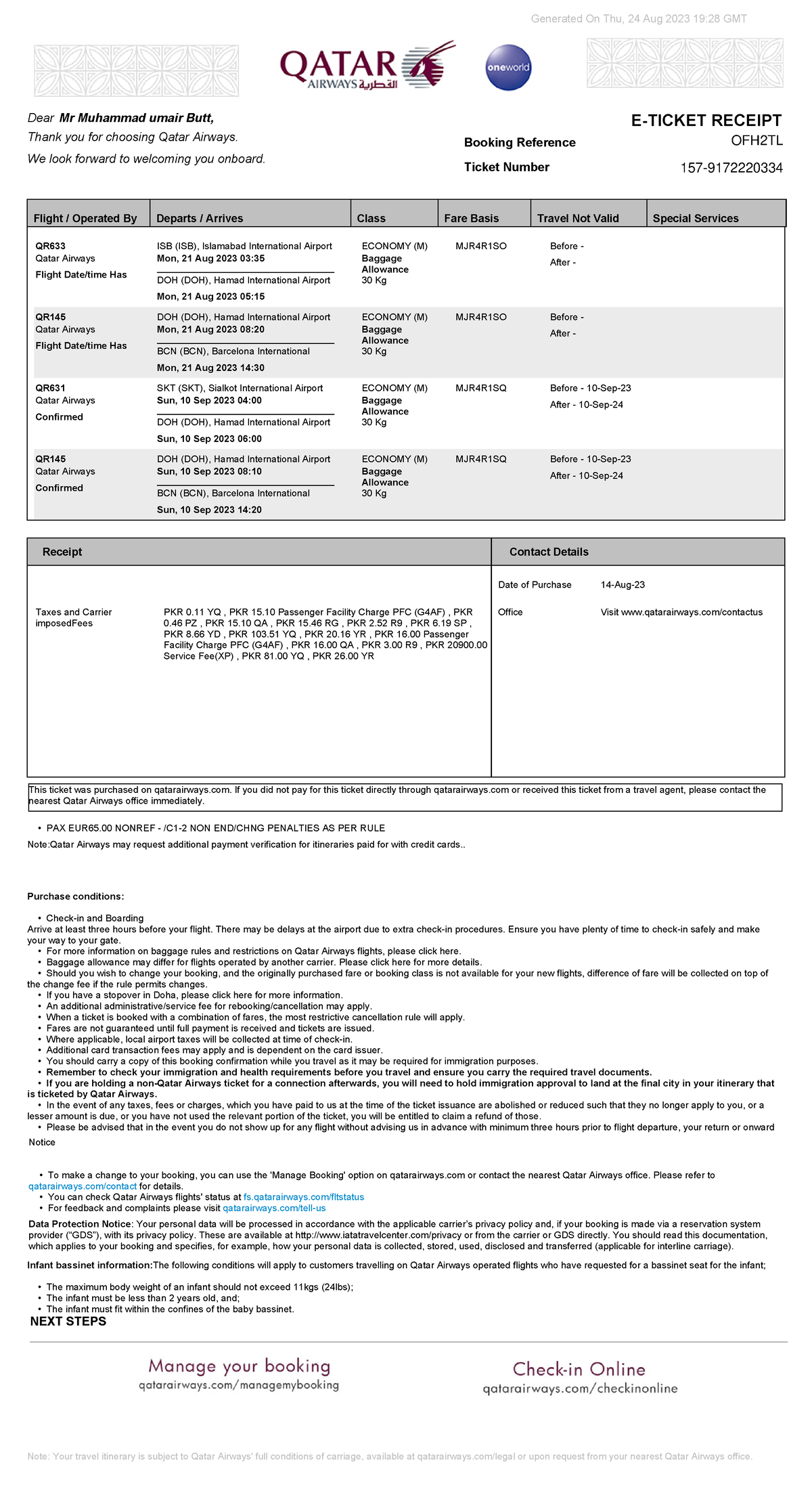 10 sep - Generated On Thu, 24 Aug 2023 19:28 GMT Booking Reference ...