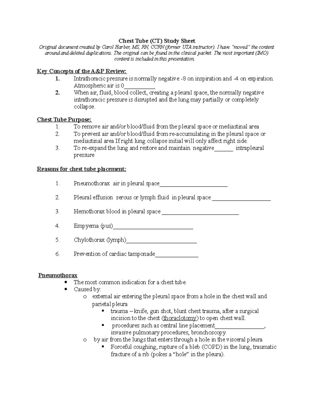 Chest Tube Study Sheet 2 - Chest Tube (CT) Study Sheet Original ...