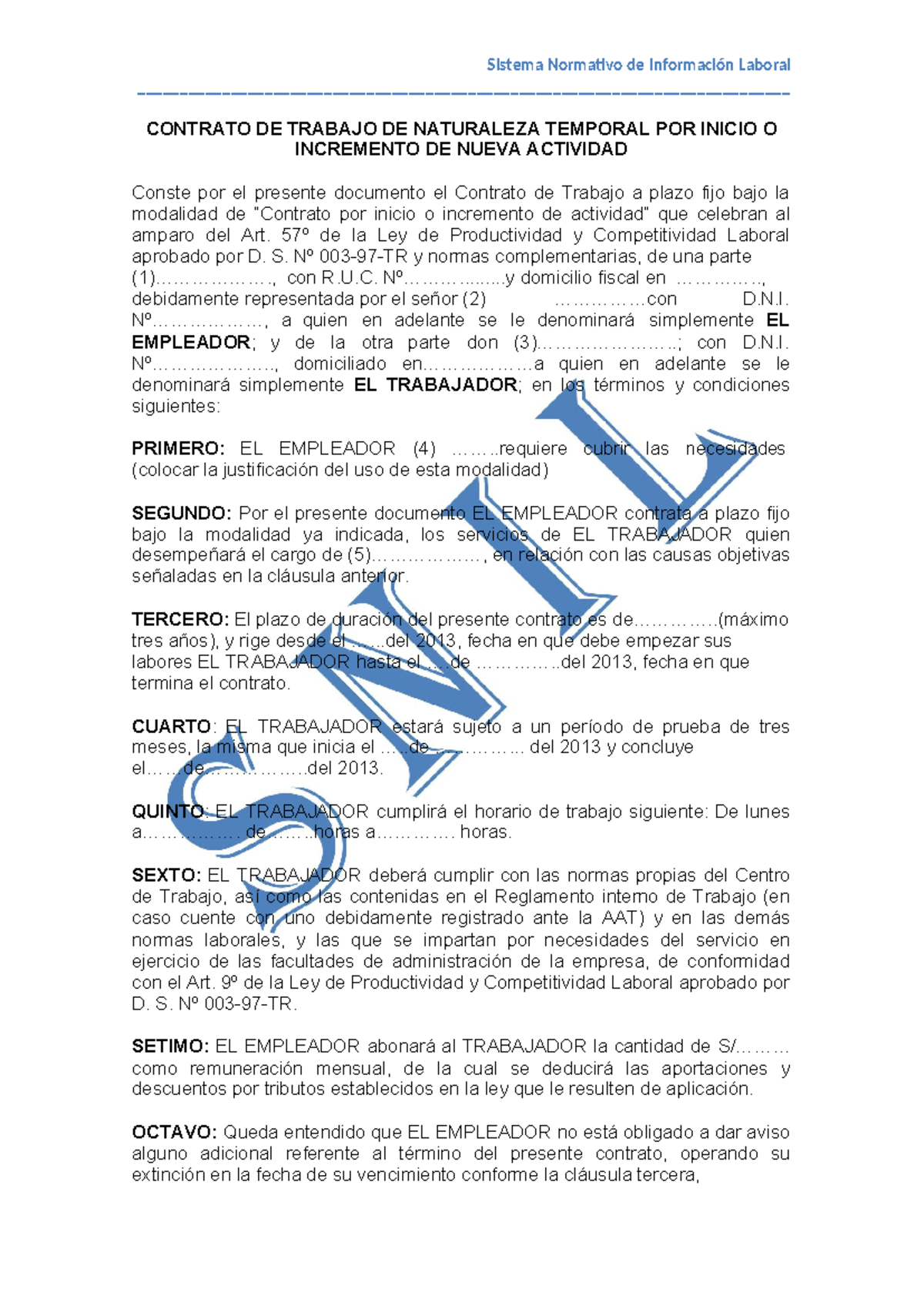 Contrato DE Trabajo POR Inicio DE Nueva Actividad - Sistema Normativo de Información Laboral ...