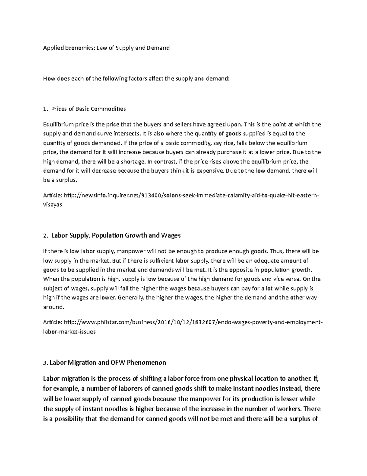 Assignment - Applied Economics: Law of Supply and Demand - Studocu