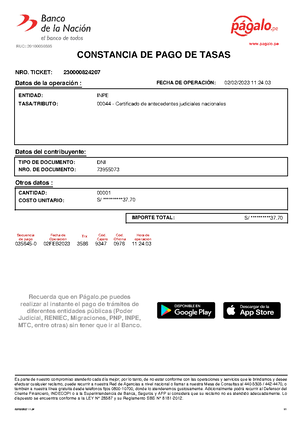 Constancia (48) - notas - CONSTANCIA DE PAGO DE TASAS RUC: 20100030595 pagalo FECHA DE OPERACIÓN ...