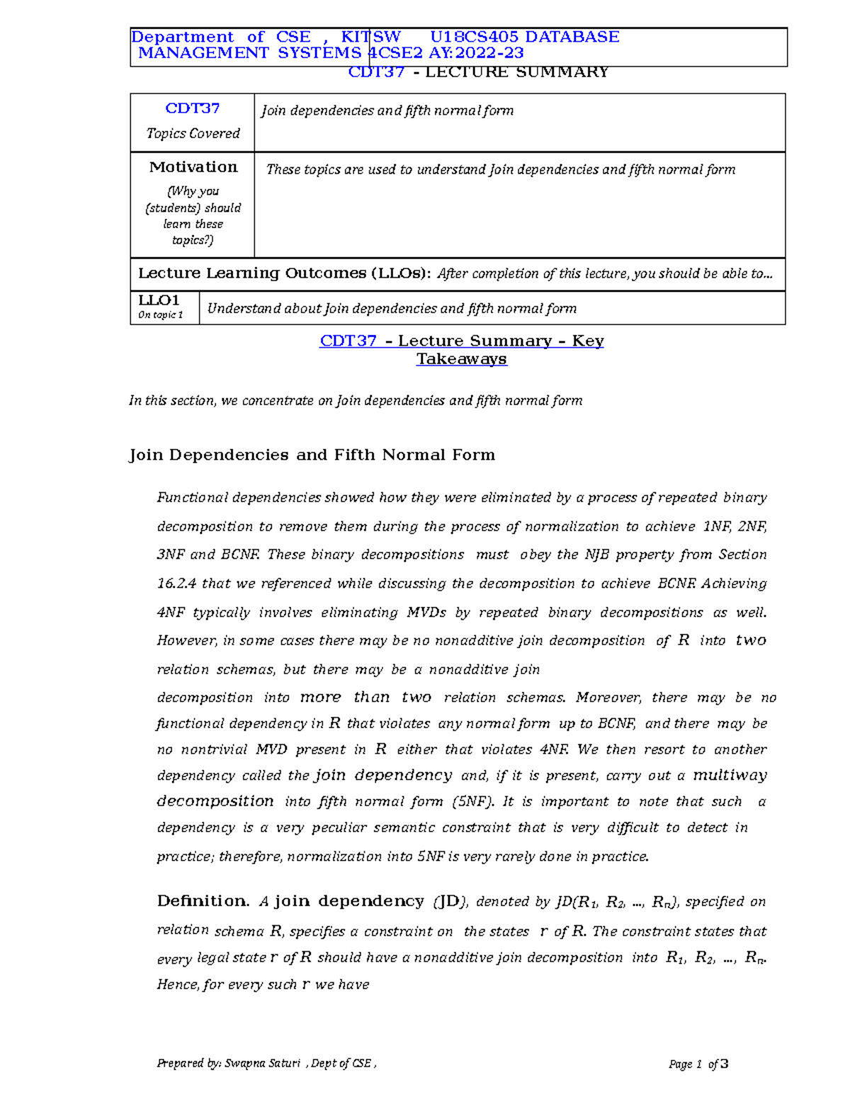 Dbms Cdt37 Week 9 Summary 4cse2 Ss 2022 23 Department Of Cse Kitsw