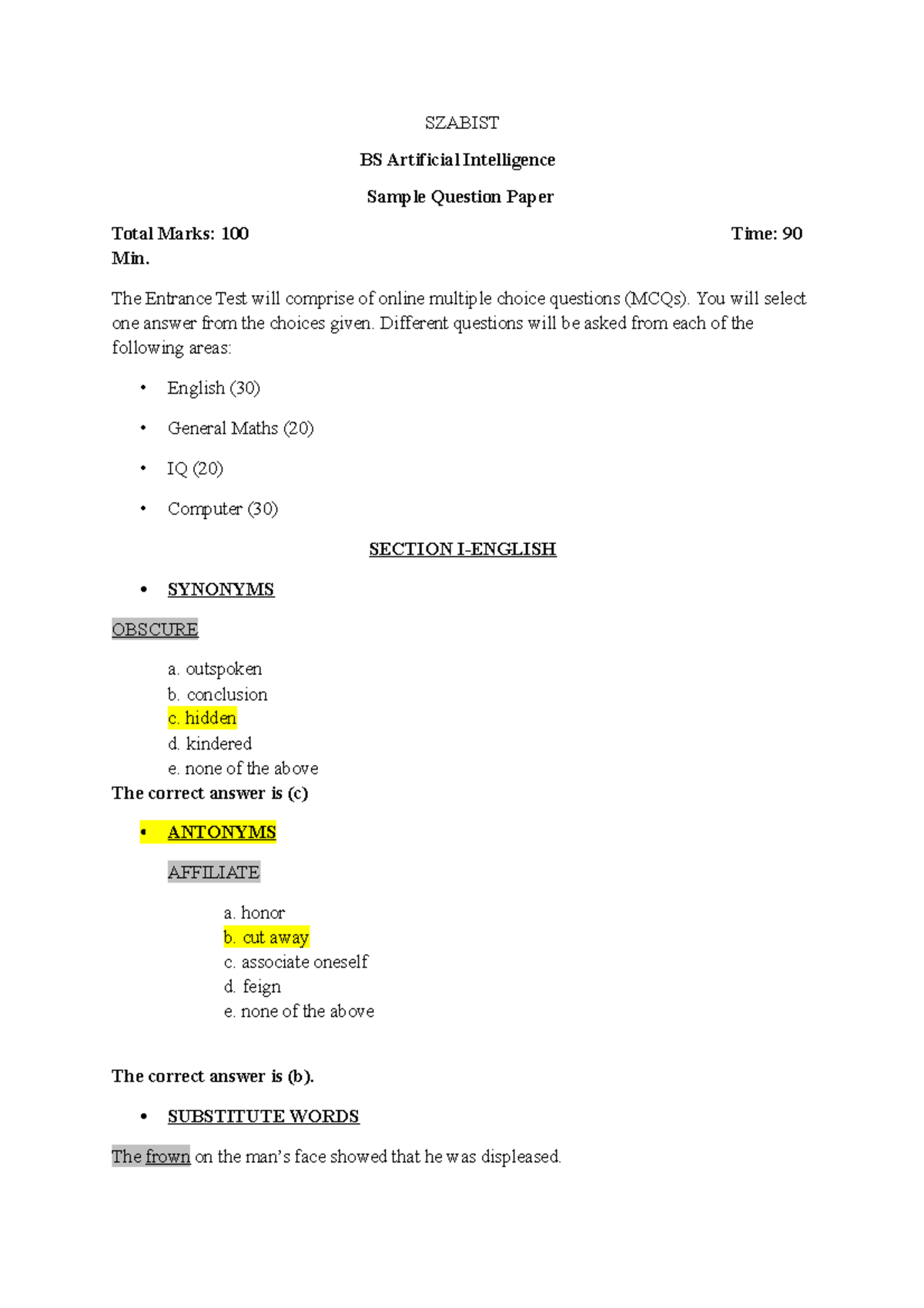 Szabist BS Artifical -Sample Paper - SZABIST BS Artificial Intelligence ...