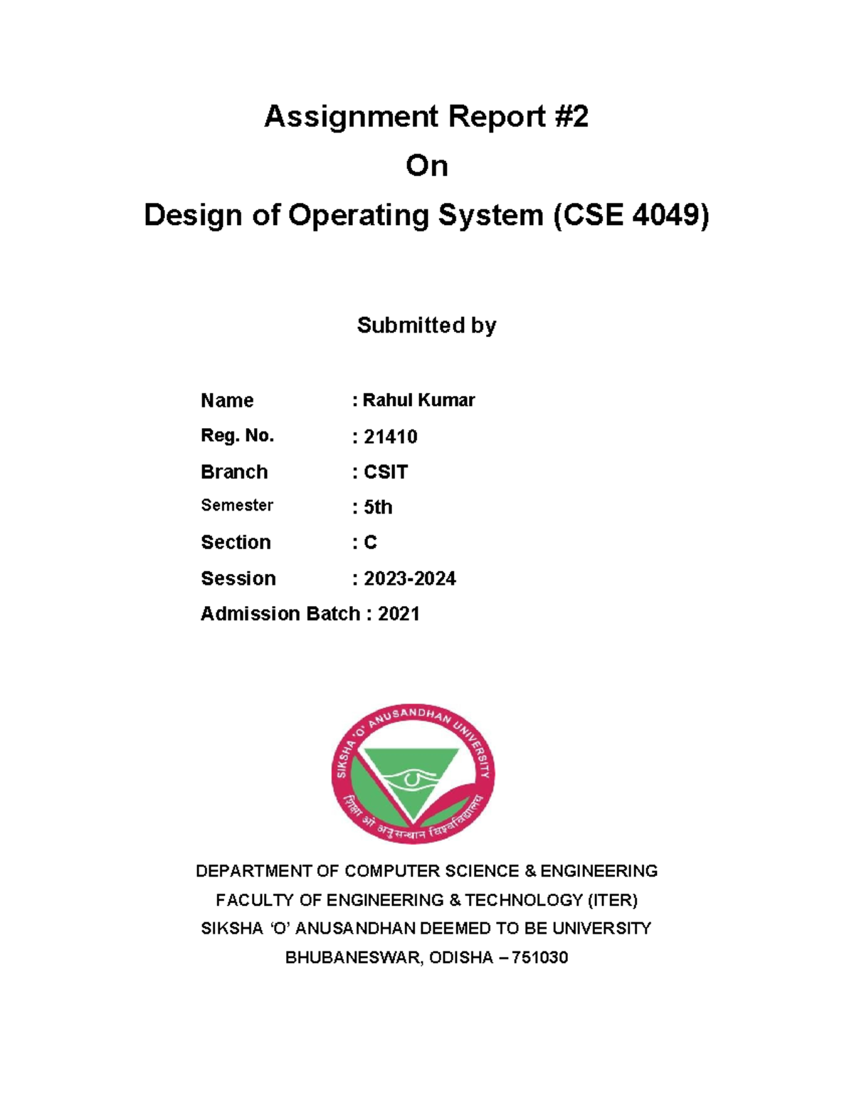 Dos - Web Technology Workshop II - Assignment Report On Design of Operating System (CSE 4049 ...
