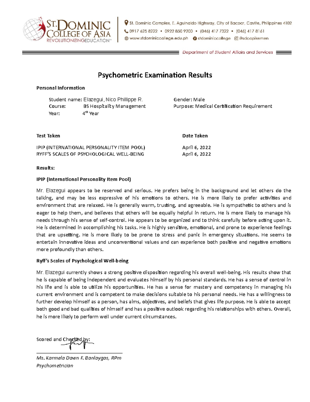 Psychometric Examination Results - Psychometric Examination Results ...