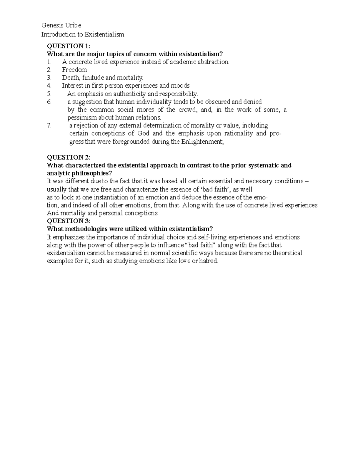 Existentialism Questions #1 - Genesis Uribe Introduction to ...