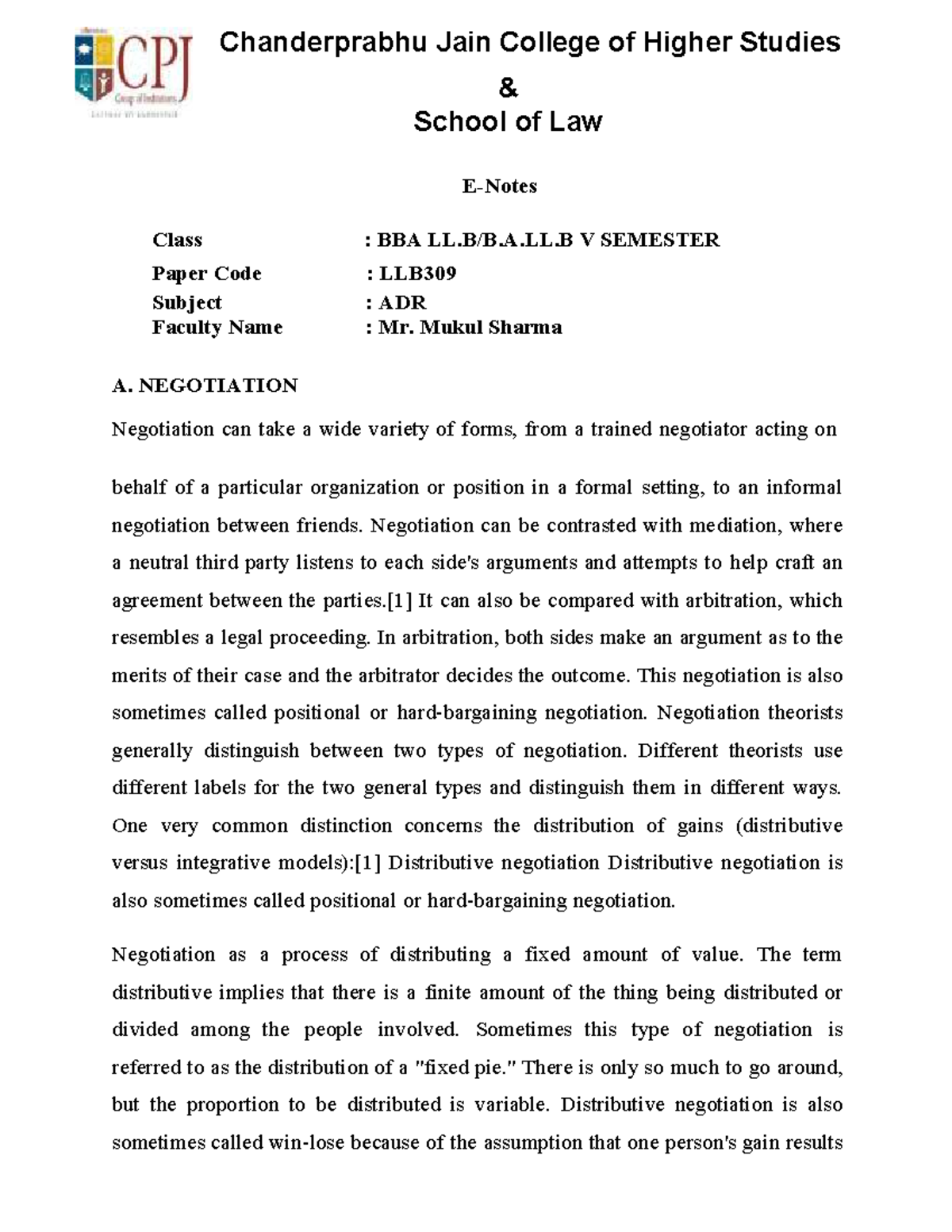 E-Notes ADR Unit-2 - Good notes - & School of Law E-Notes Class : BBA ...