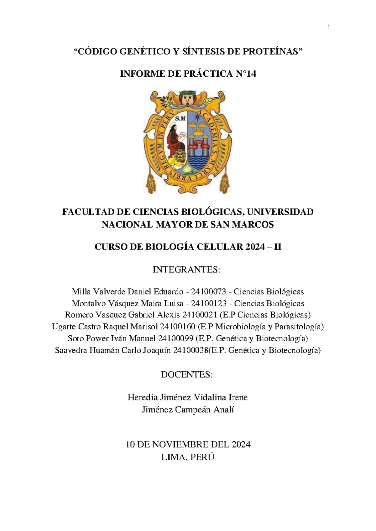 Informe 14 Laboratorio. Biocel - “CÓDIGO GENÉTICO Y SÍNTESIS DE ...