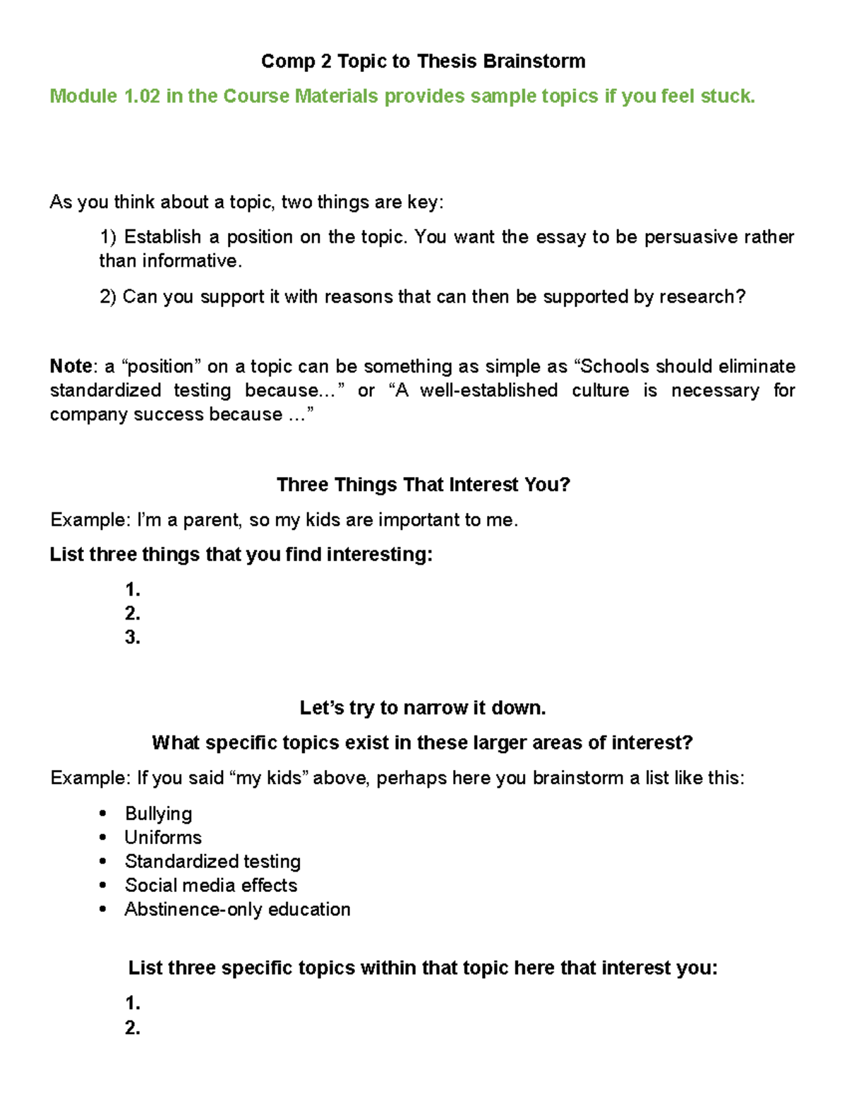 Comp 2 Topic Brainstorm - Comp 2 Topic to Thesis Brainstorm Module 1 in ...
