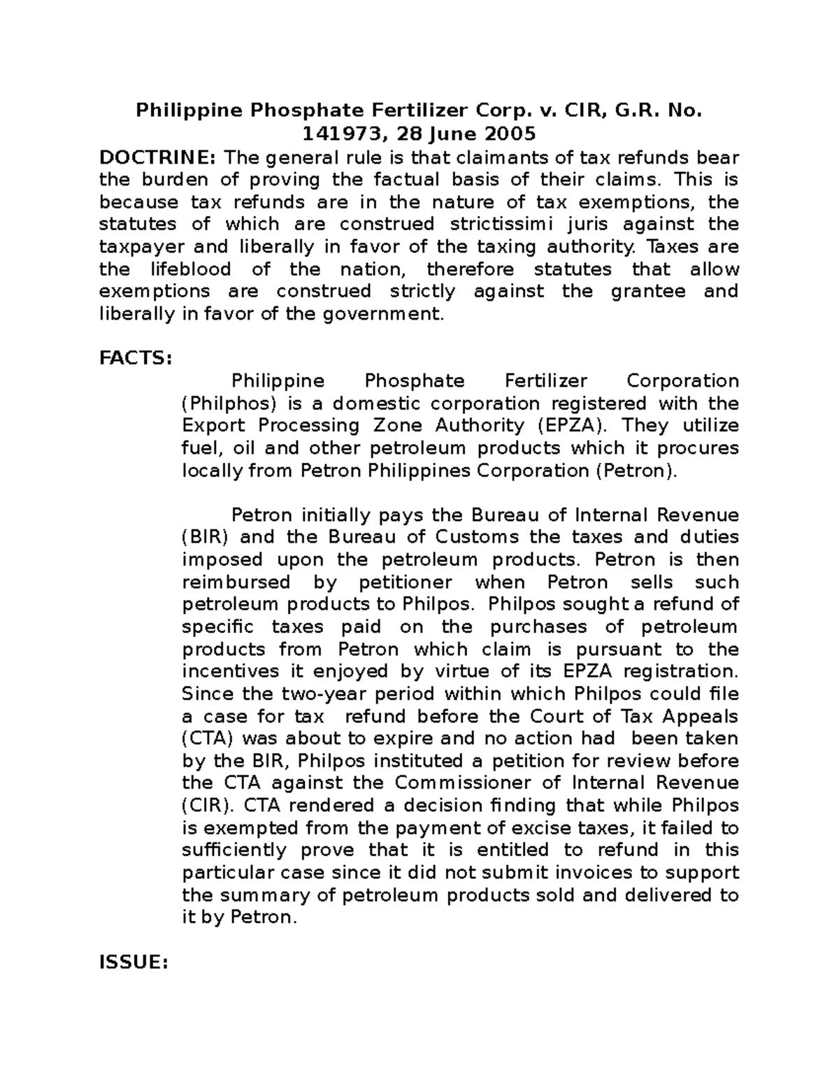 Philippine Phosphate Fertilizer Corp. v. CIR, G.R. No. 141973, 28 June ...
