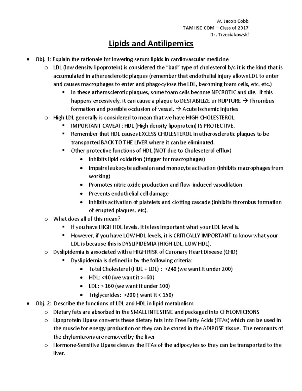 Lipids and Antilipemics (Dr. T) - W. Jacob Cobb TAMHSC COM – Class of ...