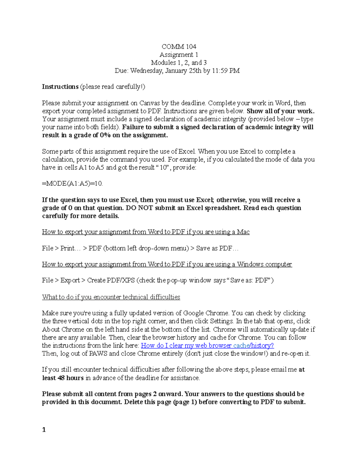 Assignment 1 statistics - COMM 104 Assignment 1 Modules 1, 2, and 3 Due: Wednesday, January 25th ...