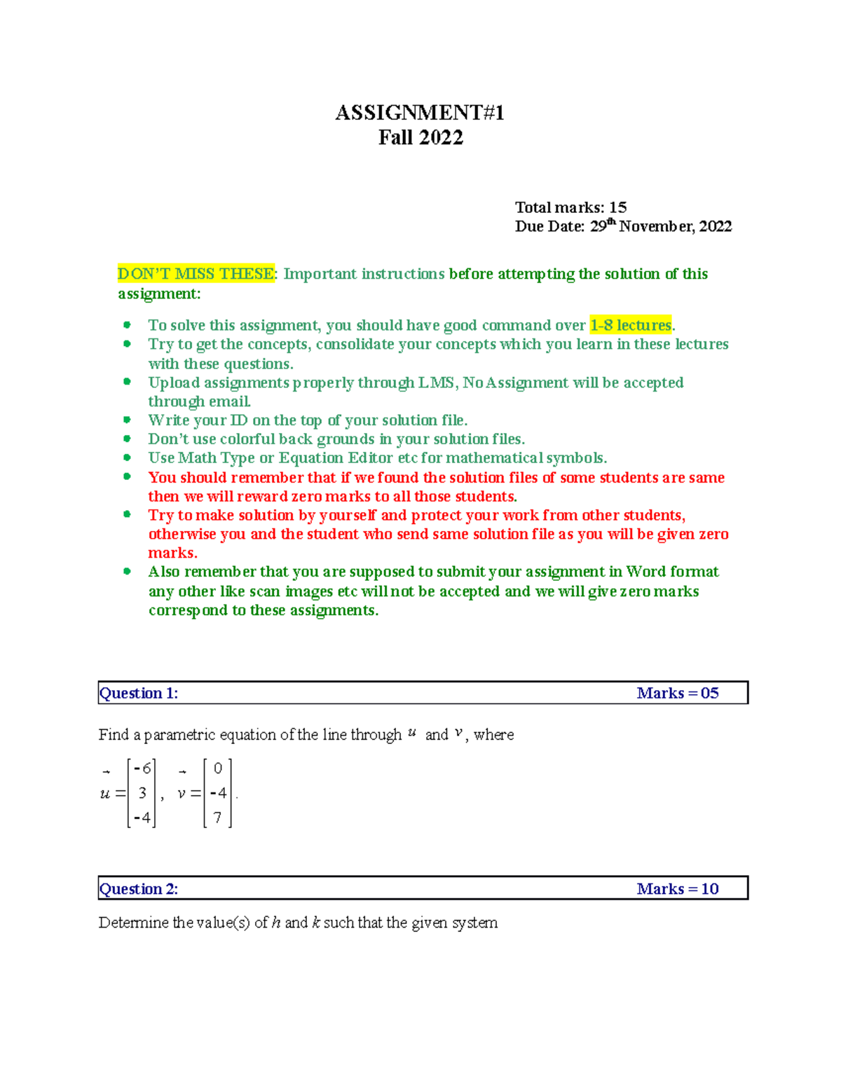 Fall 2022 MTH501 1 - helping material - ASSIGNMENT# Fall 2022 Total marks: 15 Due Date: 29th ...