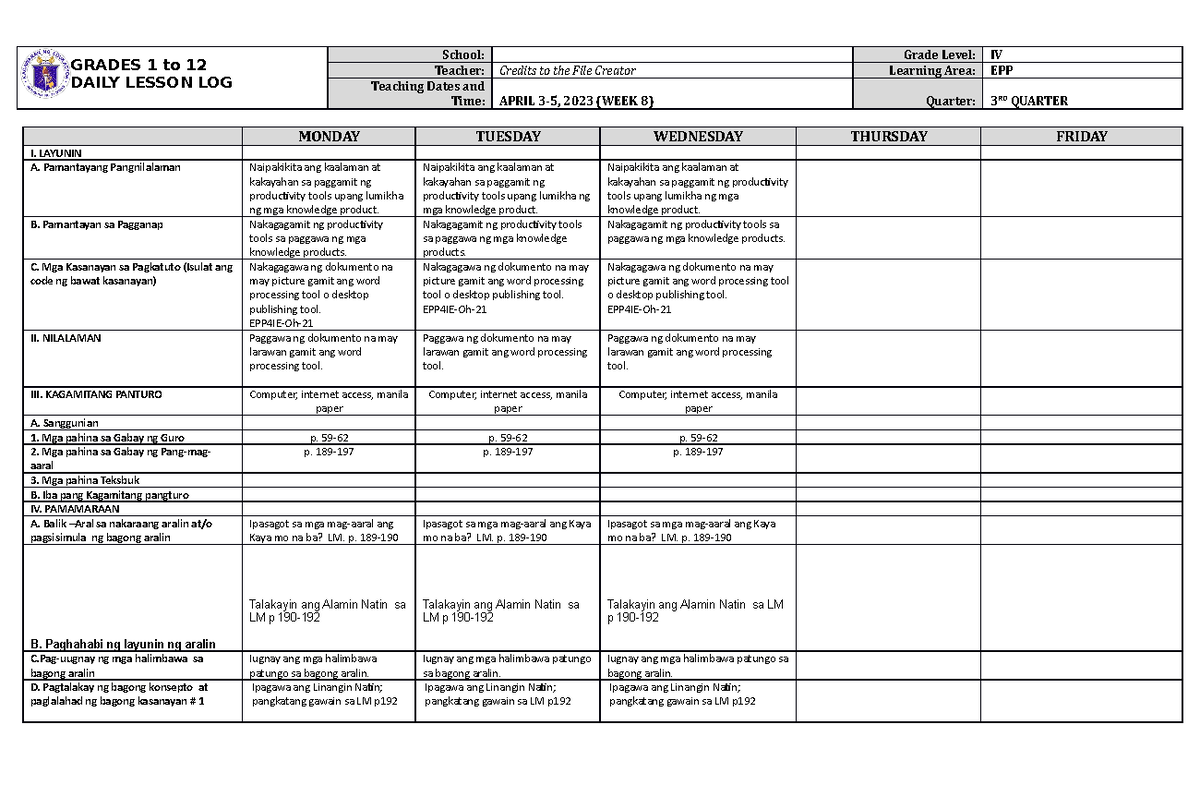 DLL EPP 4 Q3 W8 - thanks - GRADES 1 to 12 DAILY LESSON LOG School ...