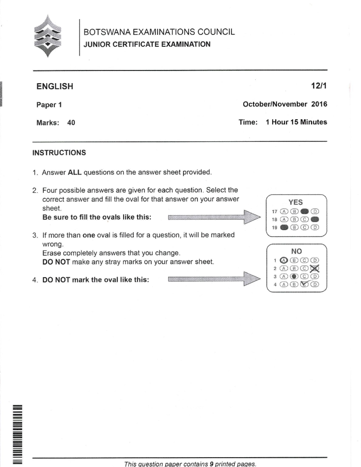 English PP1 - 2016 - It is a question paper - BOTSWANA EXAMINATIONS ...