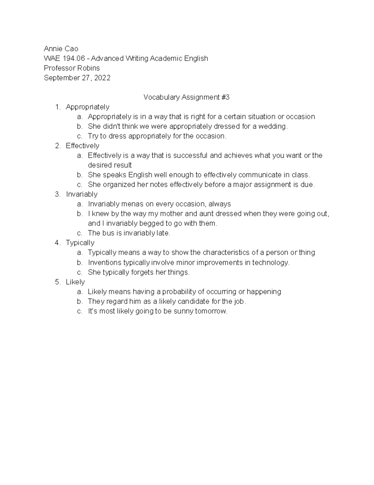 Vocabulary Assignment #3 - Annie Cao WAE 194 - Advanced Writing ...