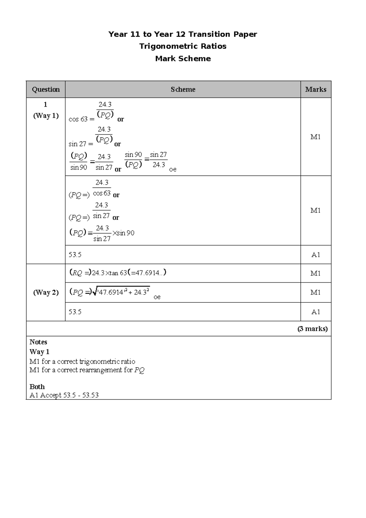 Chapter 9 Trigonometric Ratios Mark Scheme - Year 11 to Year 12 ...