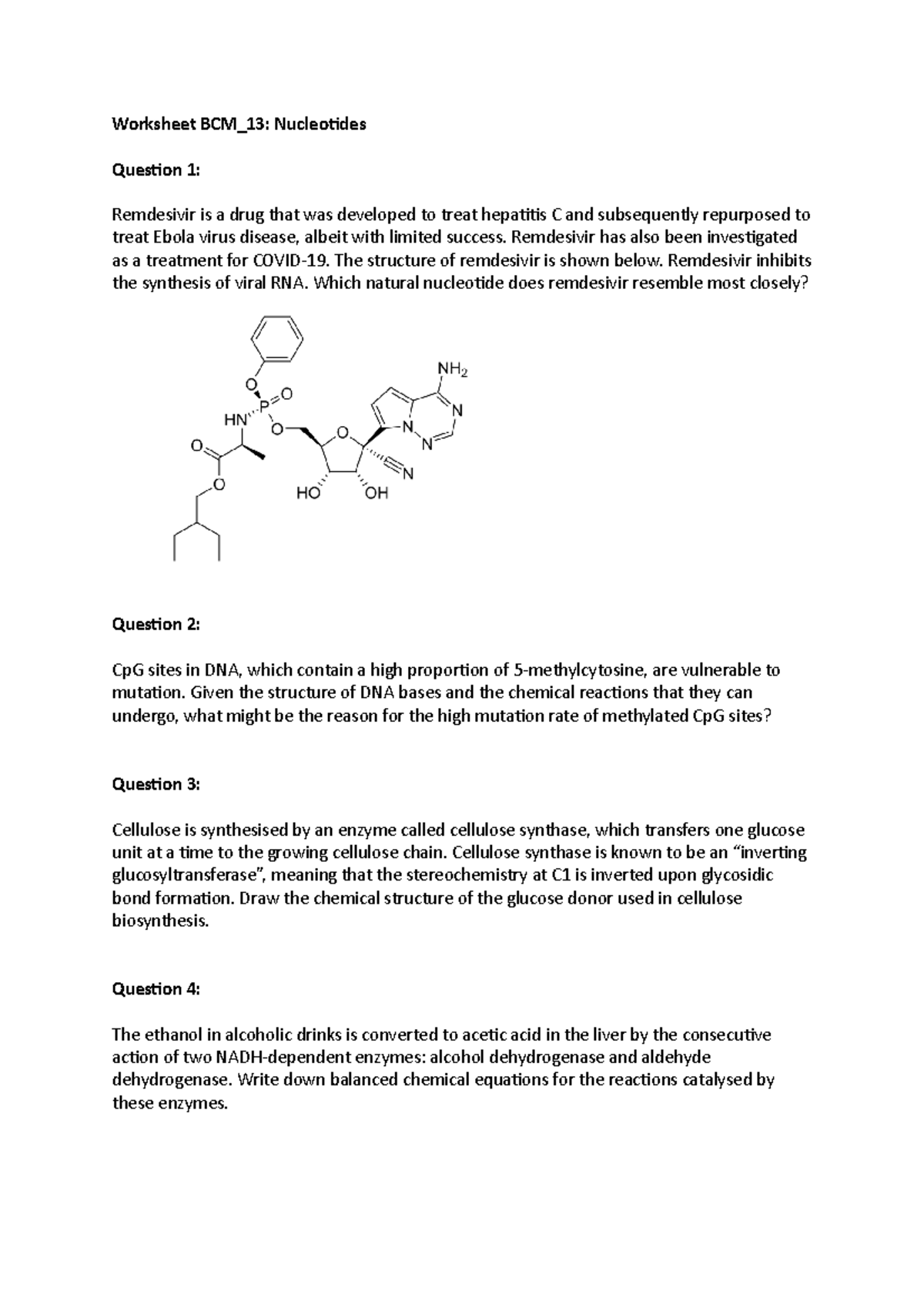 Nucleotides Worksheet - Worksheet BCM_13: Nucleotides Question 1 ...