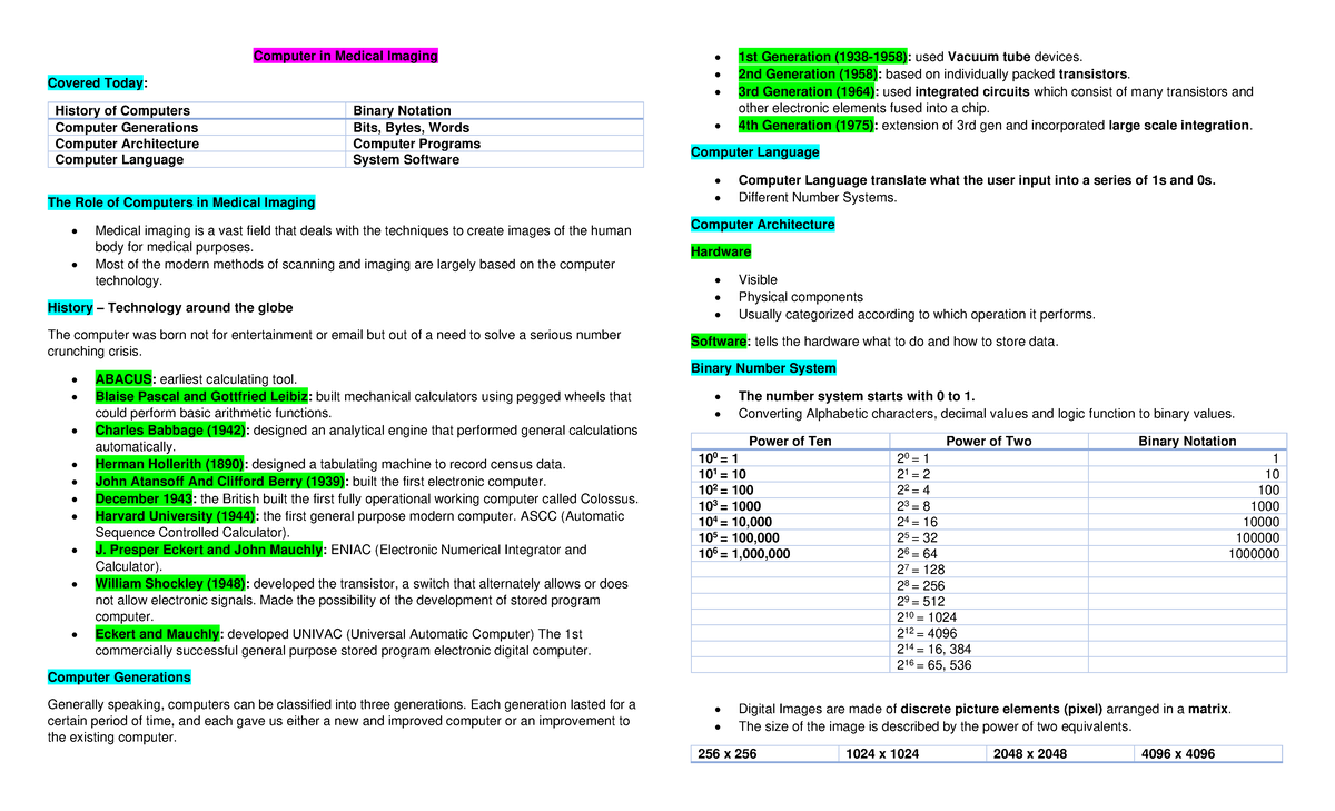 RT-201- Prelim - Computer in Medical Imaging Covered Today: History of ...