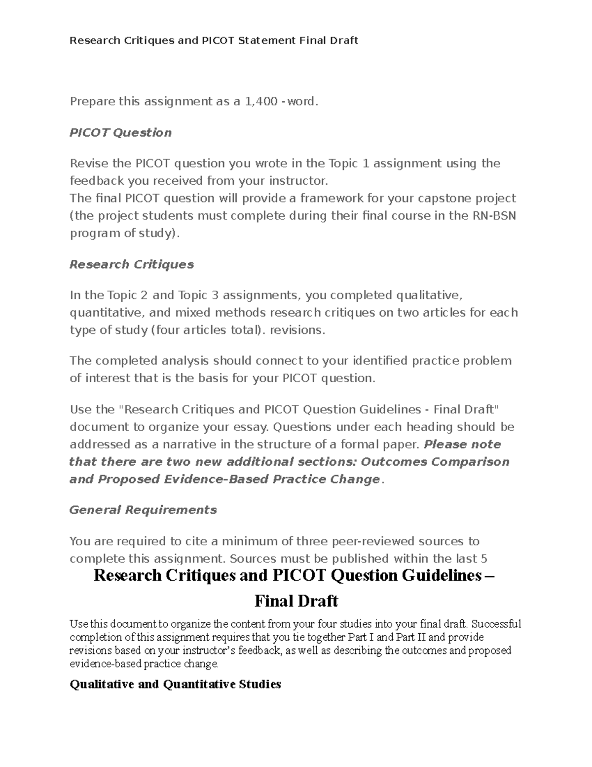 Research Critiques and PICOT Statement Final Draft - Studocu