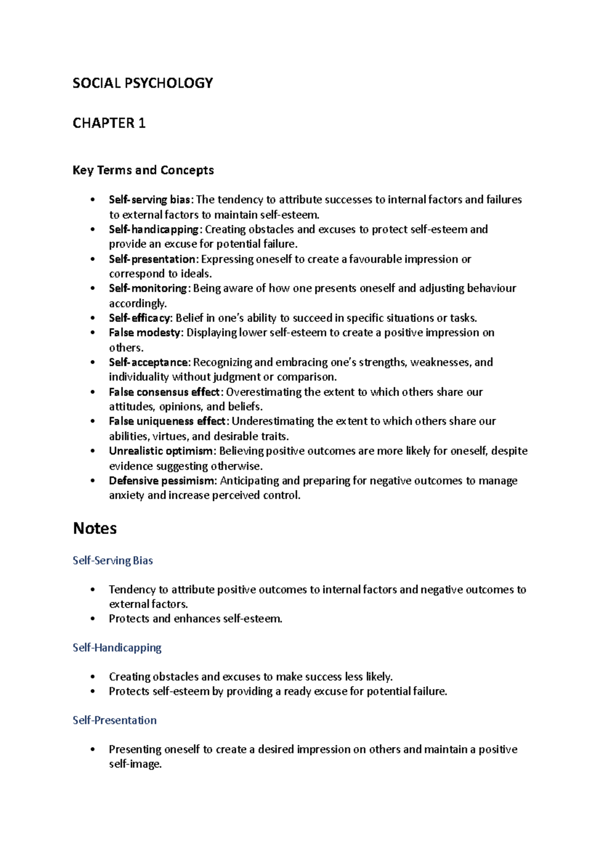 Social Psychology Notes - SOCIAL PSYCHOLOGY CHAPTER 1 Key Terms and ...