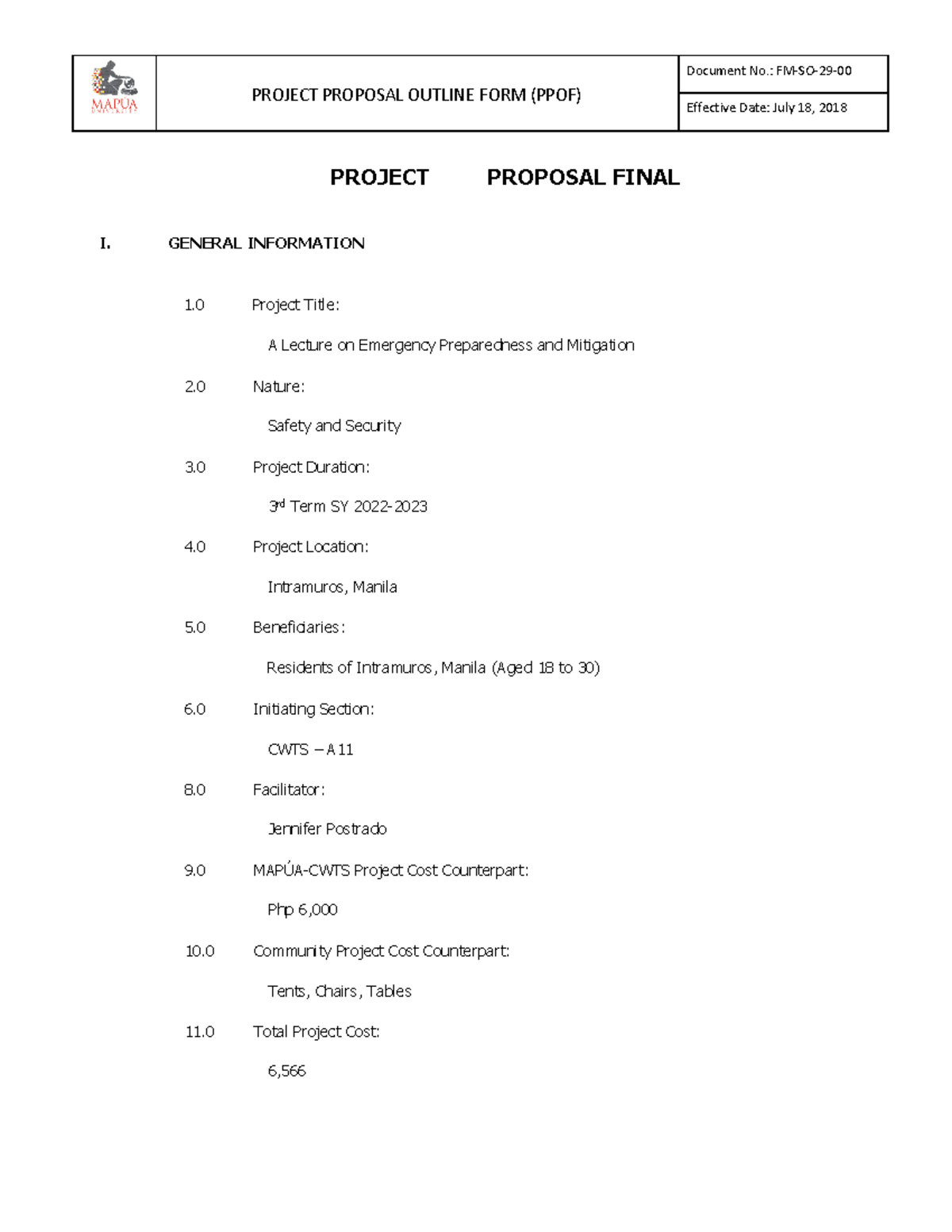Form - Project Proposal - PROJECT PROPOSAL OUTLINE FORM (PPOF ...