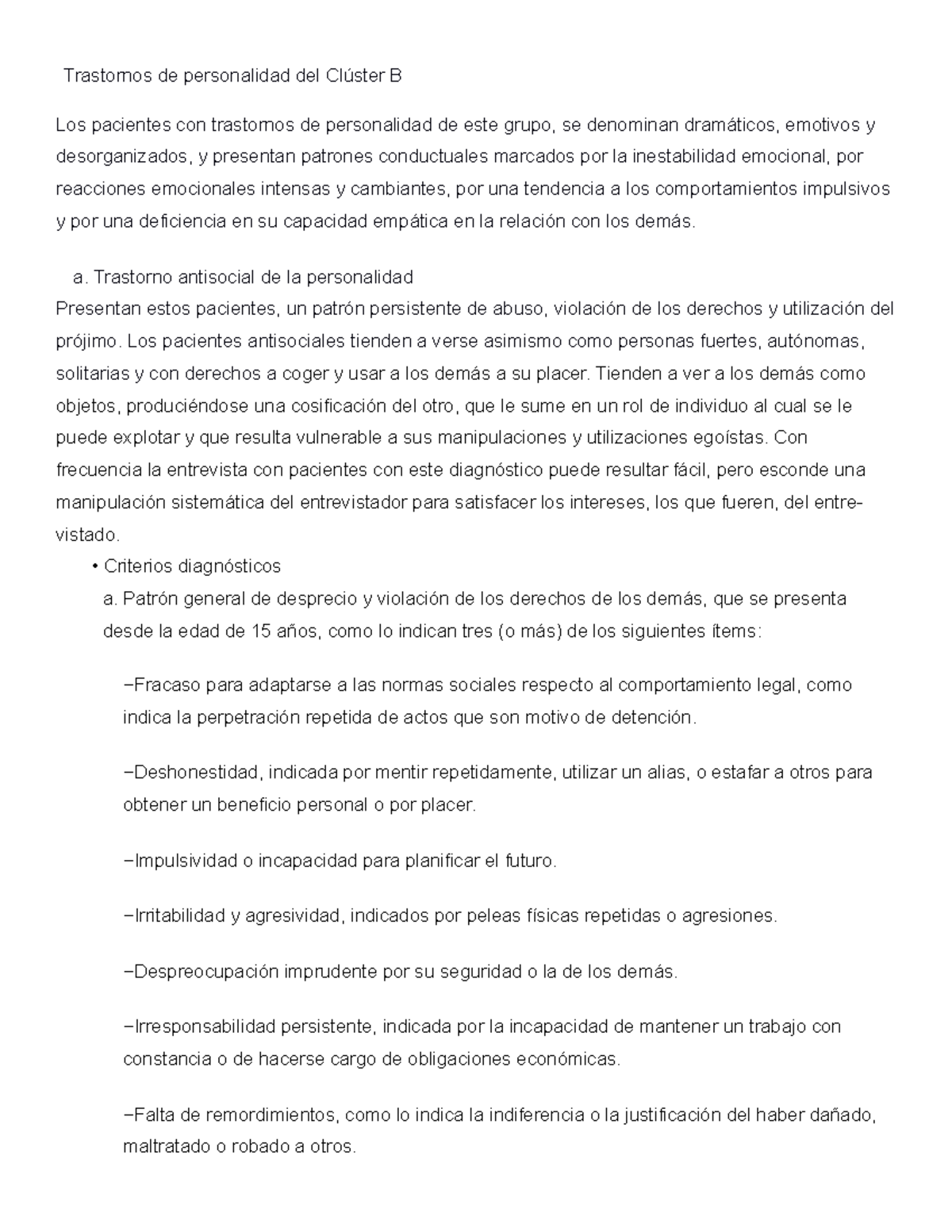 Trastornos de personalidad del Cluster B - a. Trastorno antisocial de ...