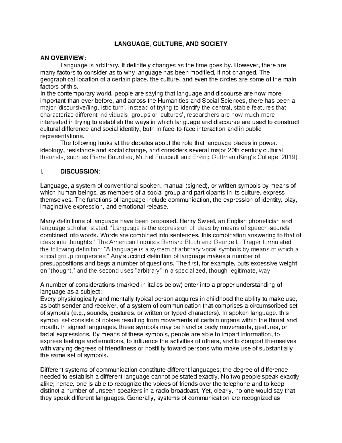 Language culture and society for reading - LANGUAGE, CULTURE, AND ...