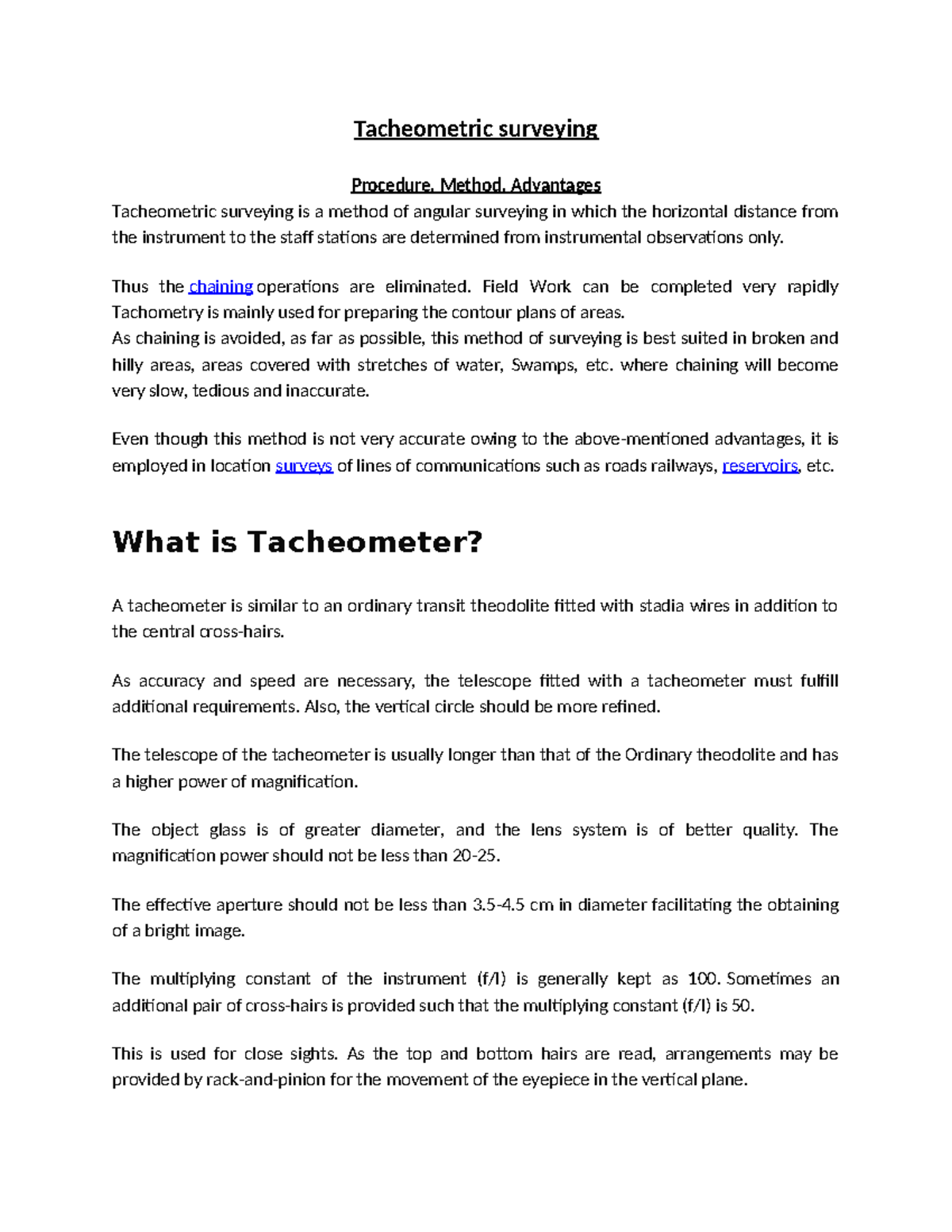 Tacheometric surveying - Tacheometric surveying Procedure, Method ...