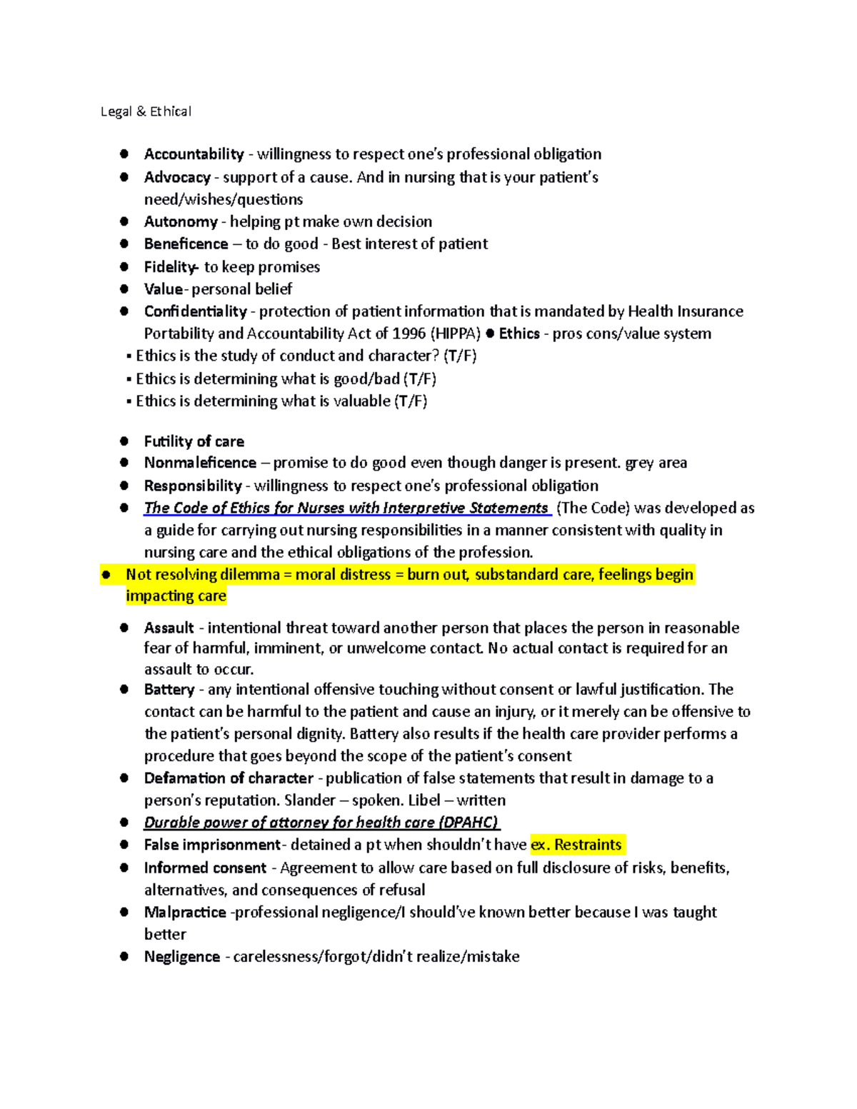 Legal and ethical 1 - Health care concepts - Legal & Ethical ...