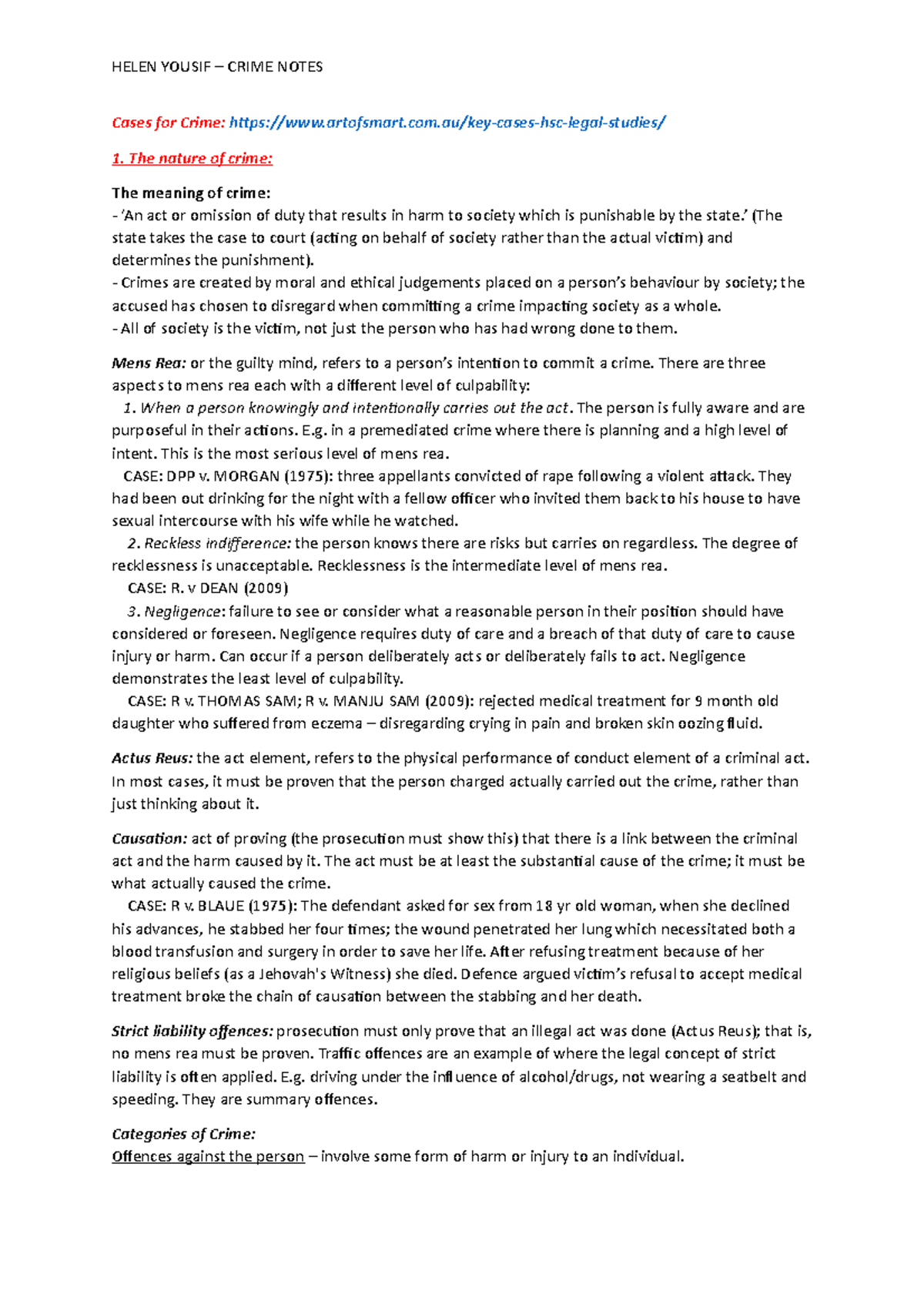 Crime - Notes - Cases for Crime: artofsmart.com/key-cases-hsc-legal ...