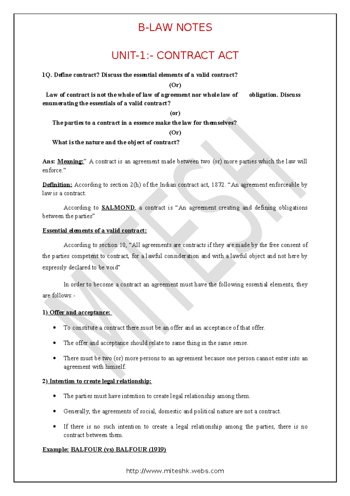 B LAW Notes UNIT 1 Contract ACT - UNIT-1:- CONTRACT ACT 1 Q. Define ...