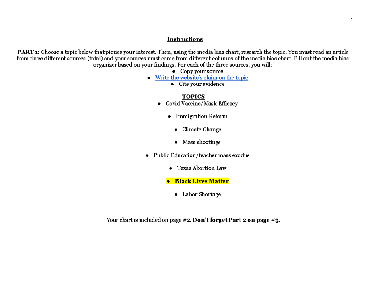 Media Bias Organizer - Instructions PART 1: Choose a topic below that piques your interest. Then ...