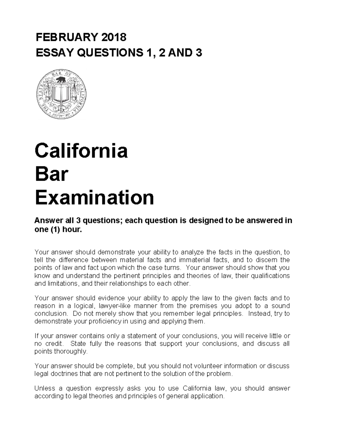 February 2018 CBX Questions - FEBRUARY 2018 ESSAY QUESTIONS 1, 2 AND 3 ...