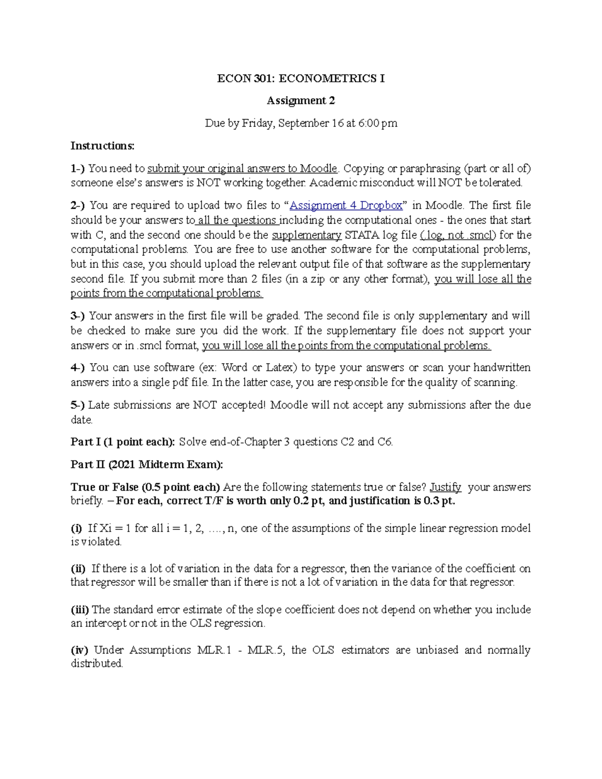 Assignment 2 Econ 301 Econometrics I Assignment 2 Due By Friday September 16 At 6 00 Pm