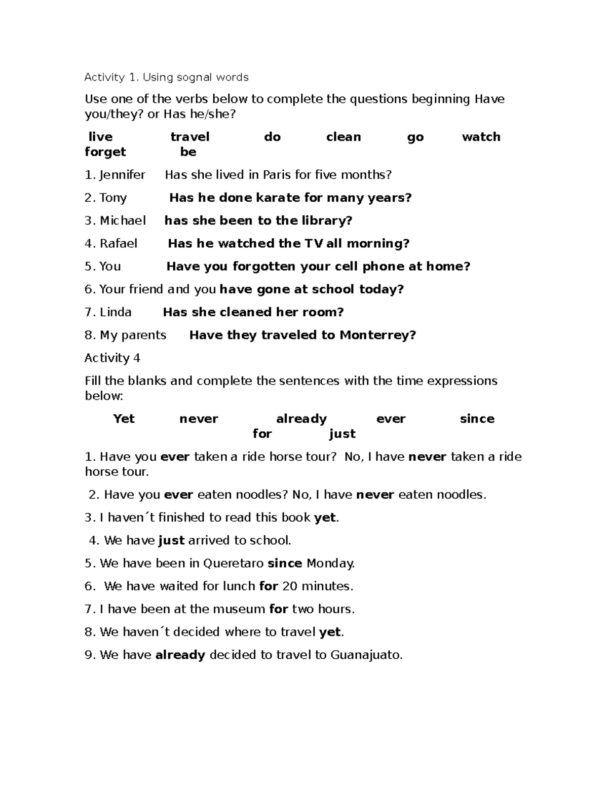Activity 1. signal words - Activity 1. Using sognal words Use one of ...