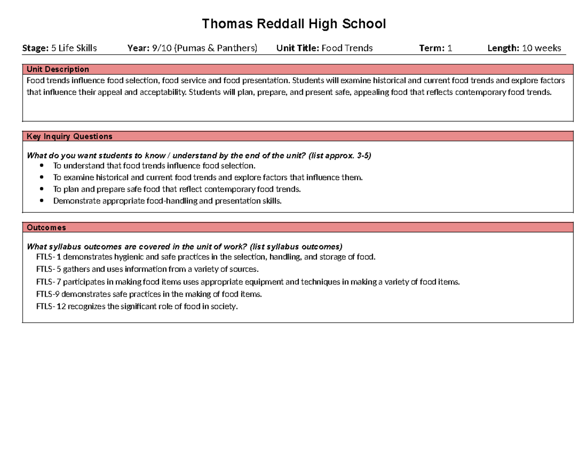 Support food trends program - Thomas Reddall High School Stage: 5 Life ...