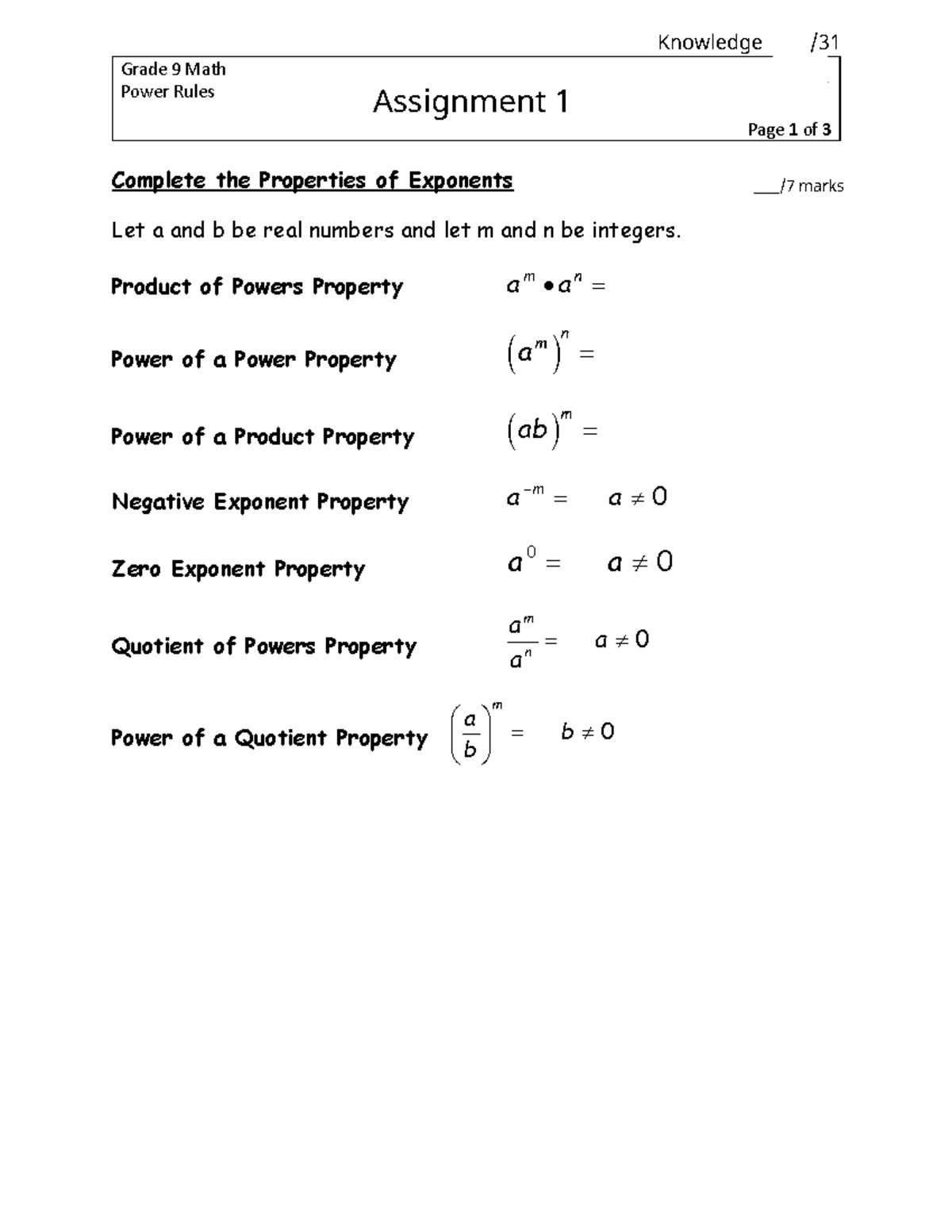 Gr 9 Math Assignment 1-Power Rules - Grade 9 Math Power Rules Lesson 2 ...