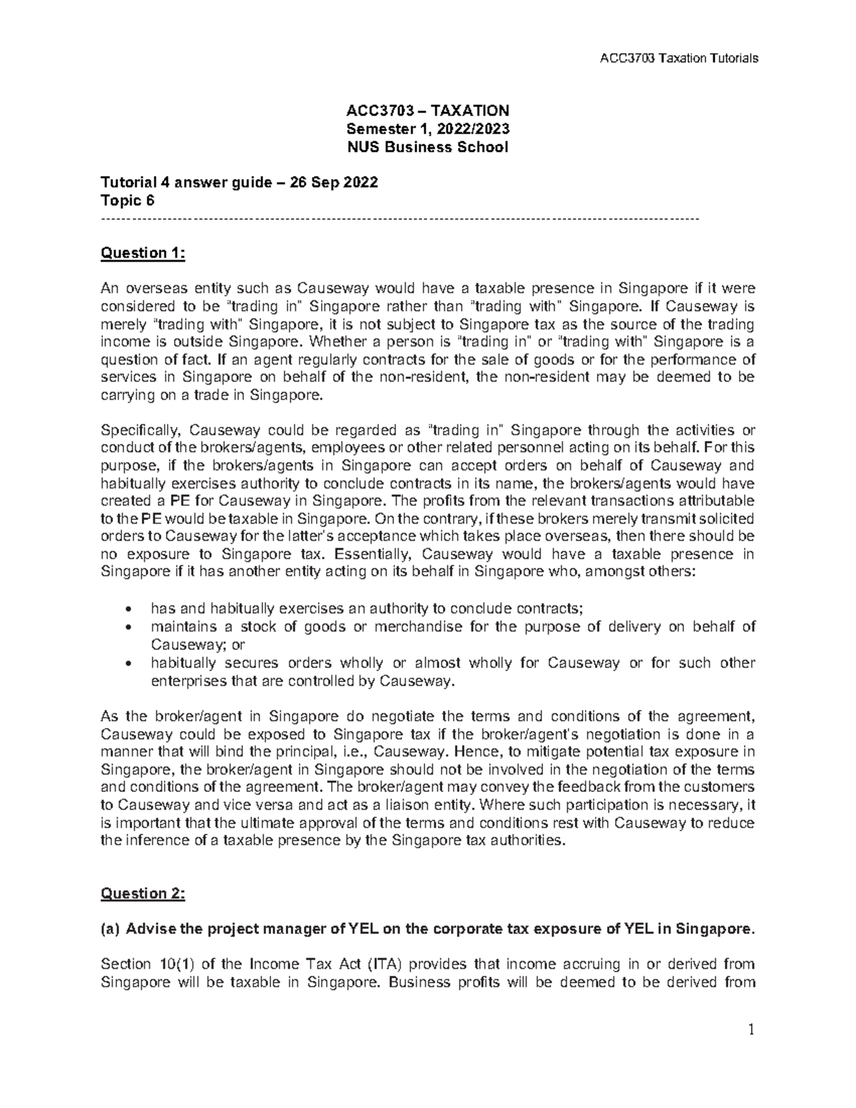 ACC 3703 Tut 4 - answer guide - ACC3703 – TAXATION Semester 1, 2022 ...
