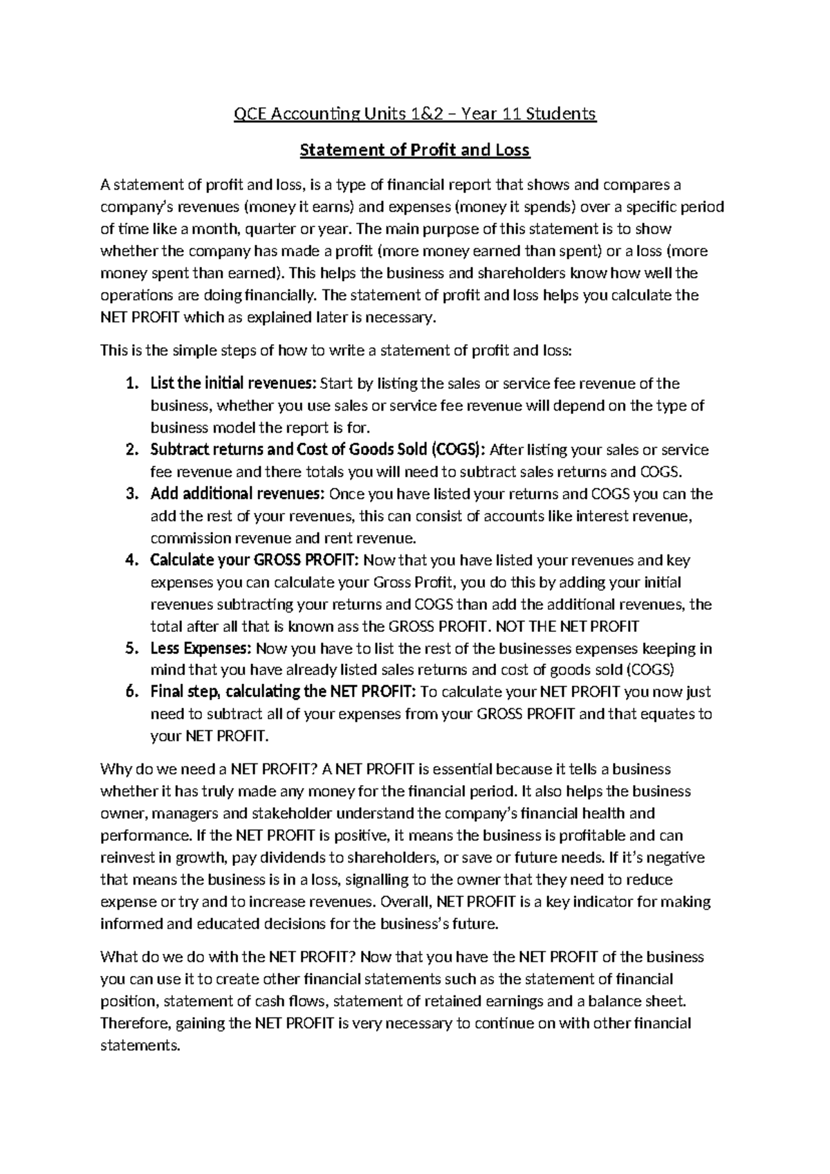 Statement of Profit and Loss Guide - QCE Accounting Units 1&2 – Year 11 ...