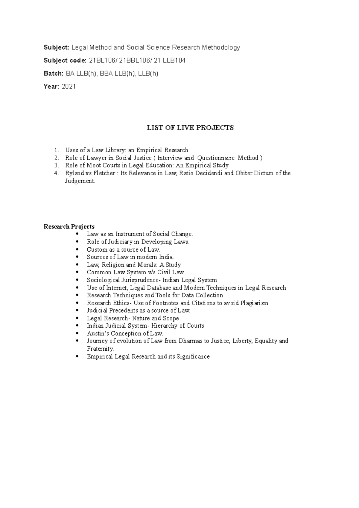 Proforma FOR LIVE Projects.docx- Legal Methods - Subject: Legal Method ...