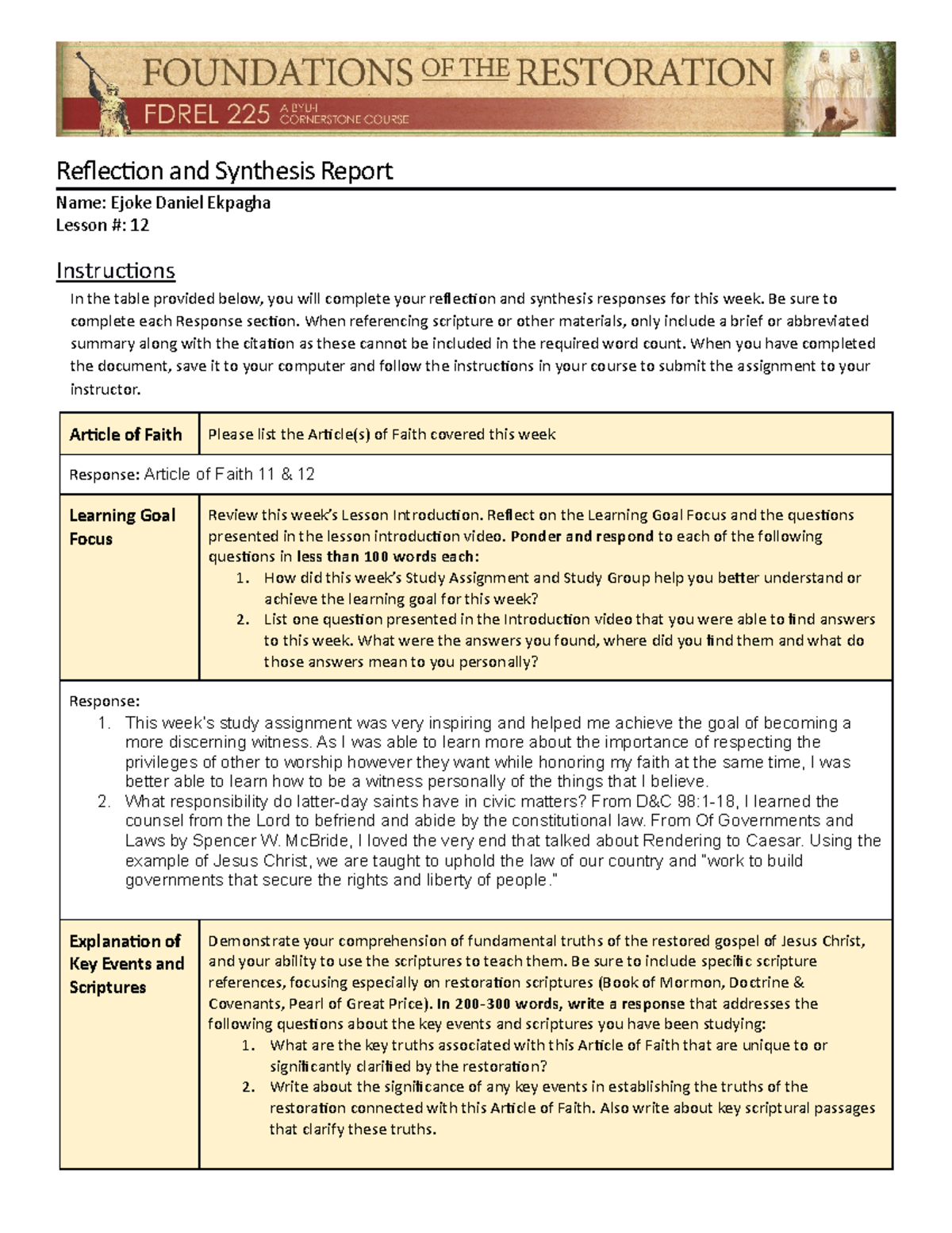 FDREL225 Reflection And Synthesis Report L 12 - Reflection and ...