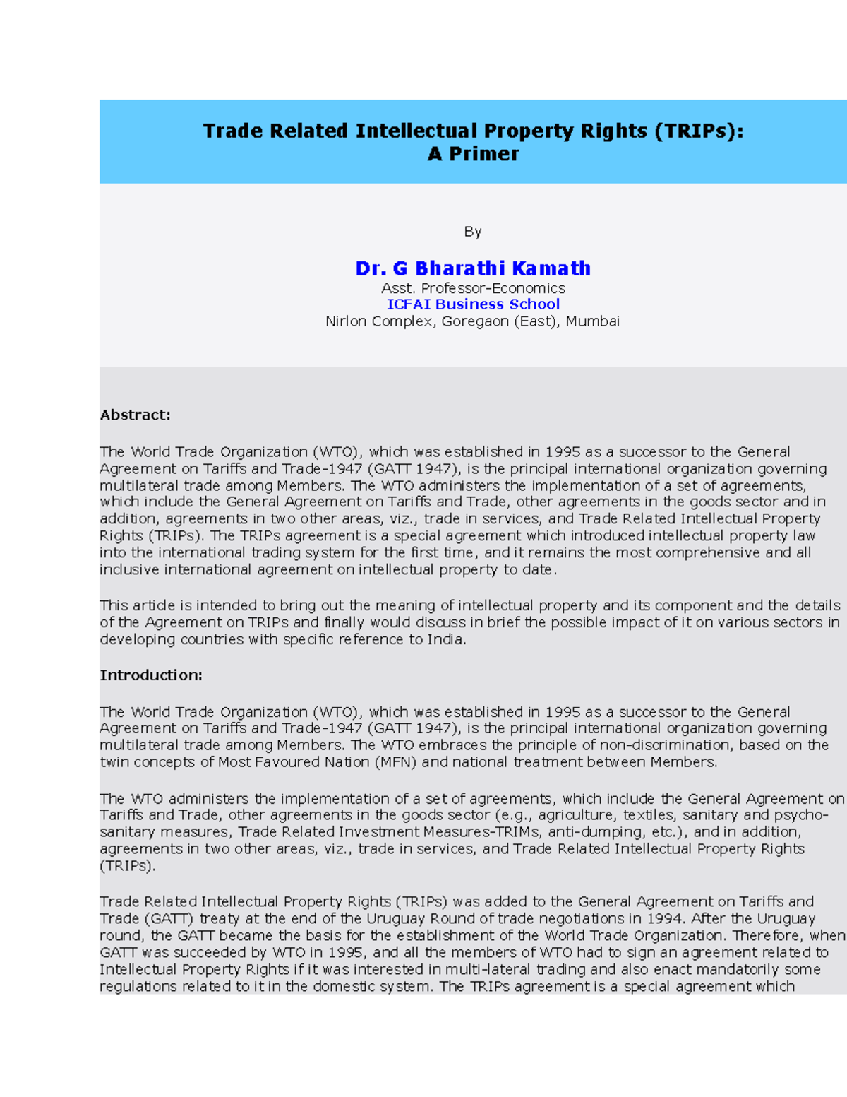 Trade Related Intellectual Property Rights - G Bharathi Kamath Asst ...