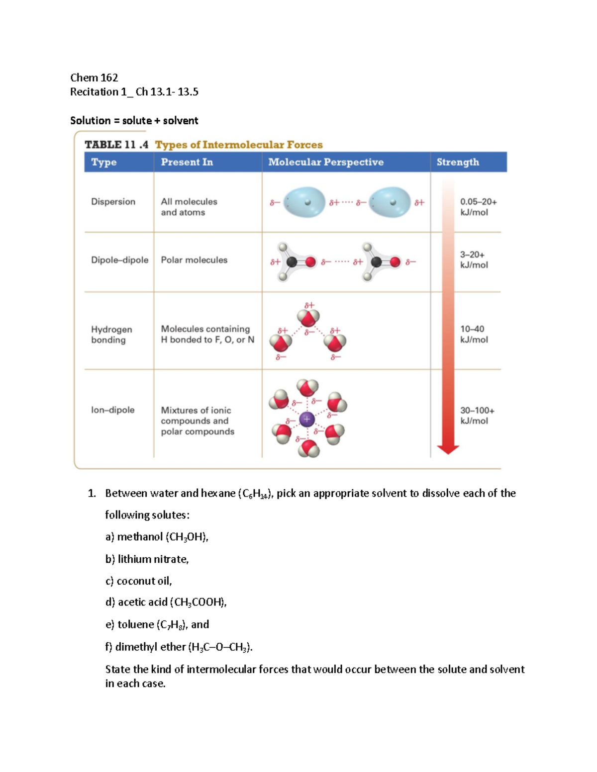 Recitation-1 Ch-13 - solution properties - Chem 162 Recitation 1 _ Ch 13. 1 - 13. 5 Solution ...