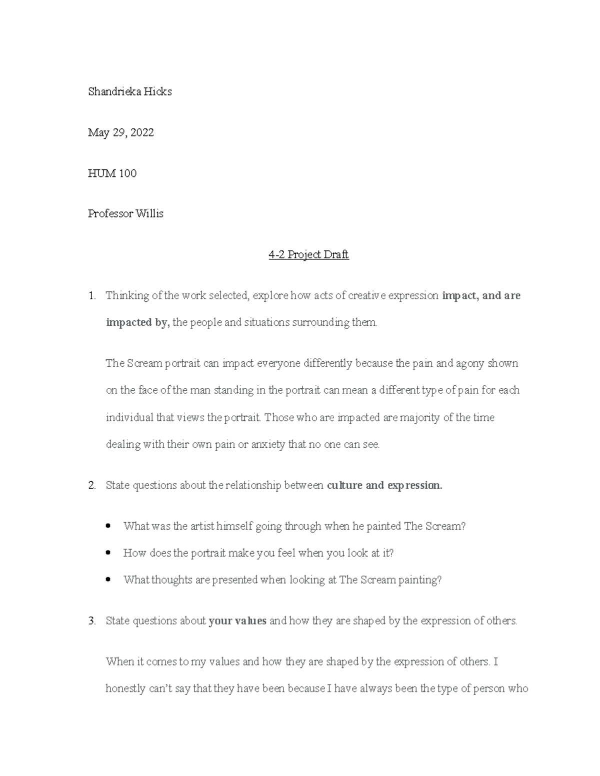 4-2 Project Draft - Shandrieka Hicks May 29, 2022 HUM 100 Professor ...